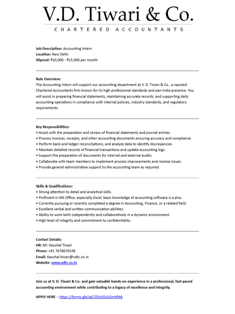 Accounting Intern Position at V. D. Tiwari & Co. | PDF