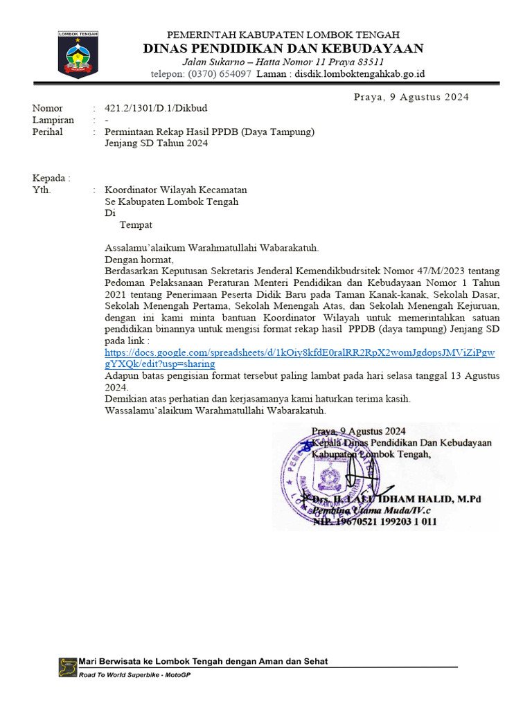 Surat Permintaan Rekap Hasil PPDB (Daya Tampung) Jenjang SD Tahun 2024 - Kadis | PDF