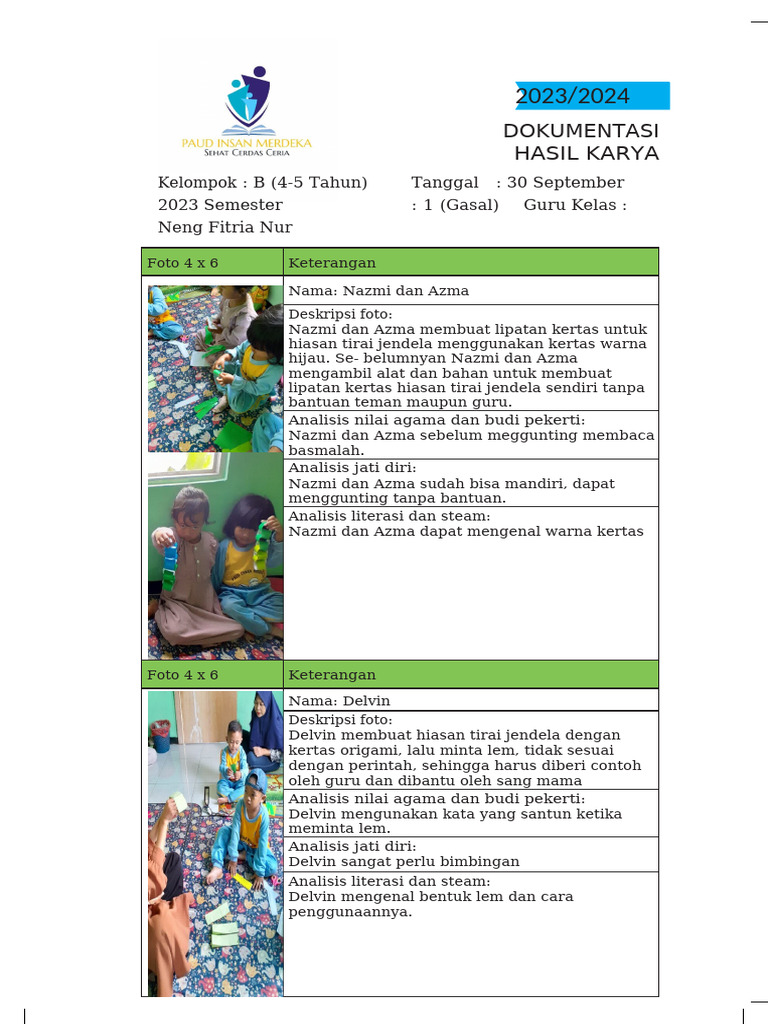 Catatan Hasil Karya Paud | PDF