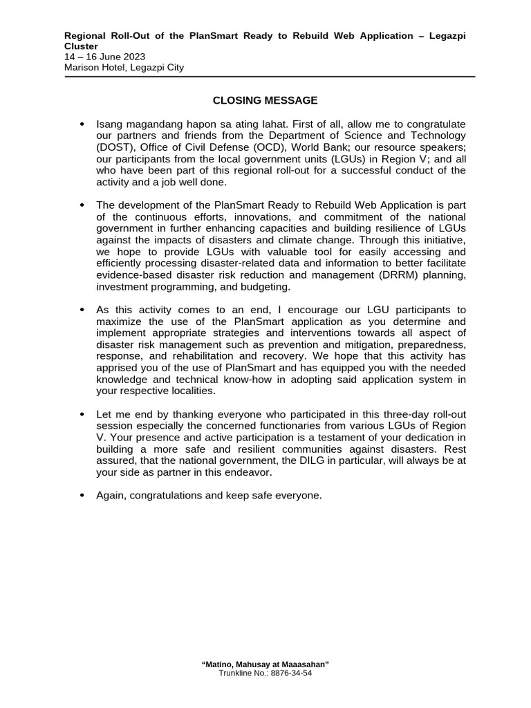 Closing Message (PlanSmart Regional Roll-Out - Region V) | PDF