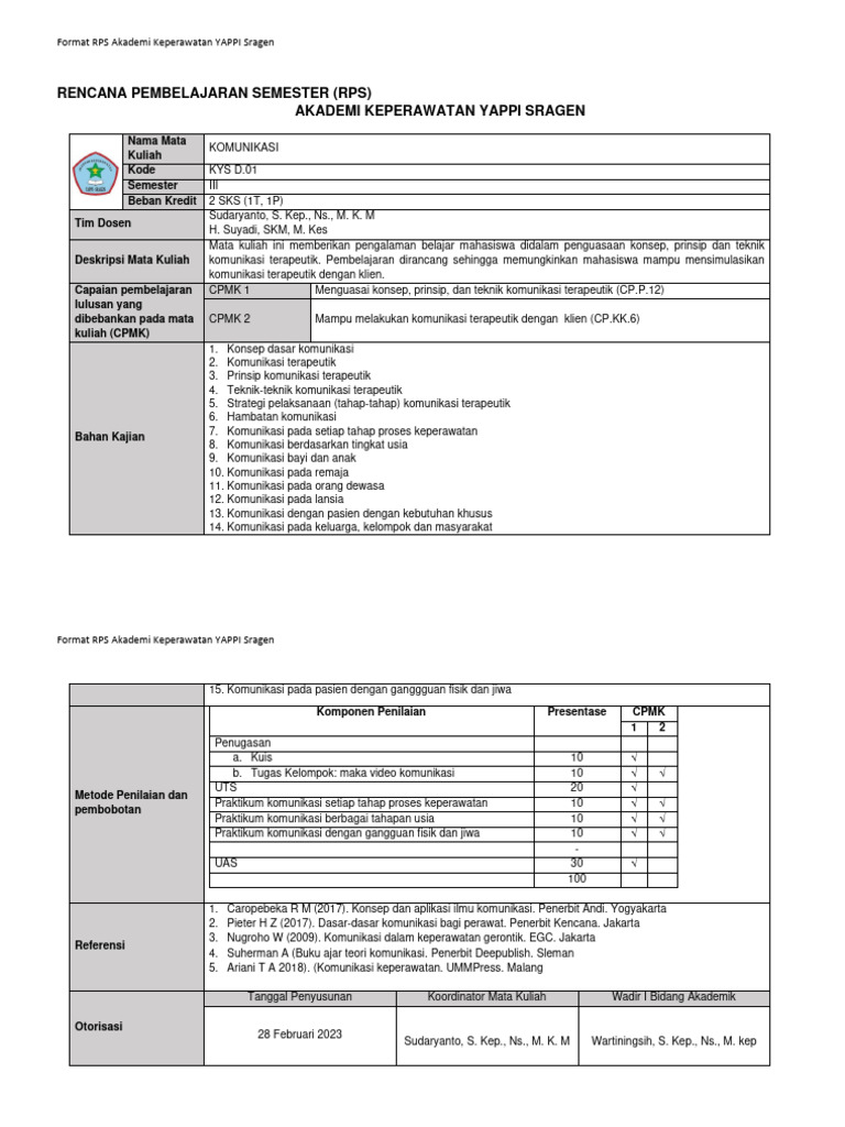 Rencana Pembelajaran Semester RPS Komuni | PDF