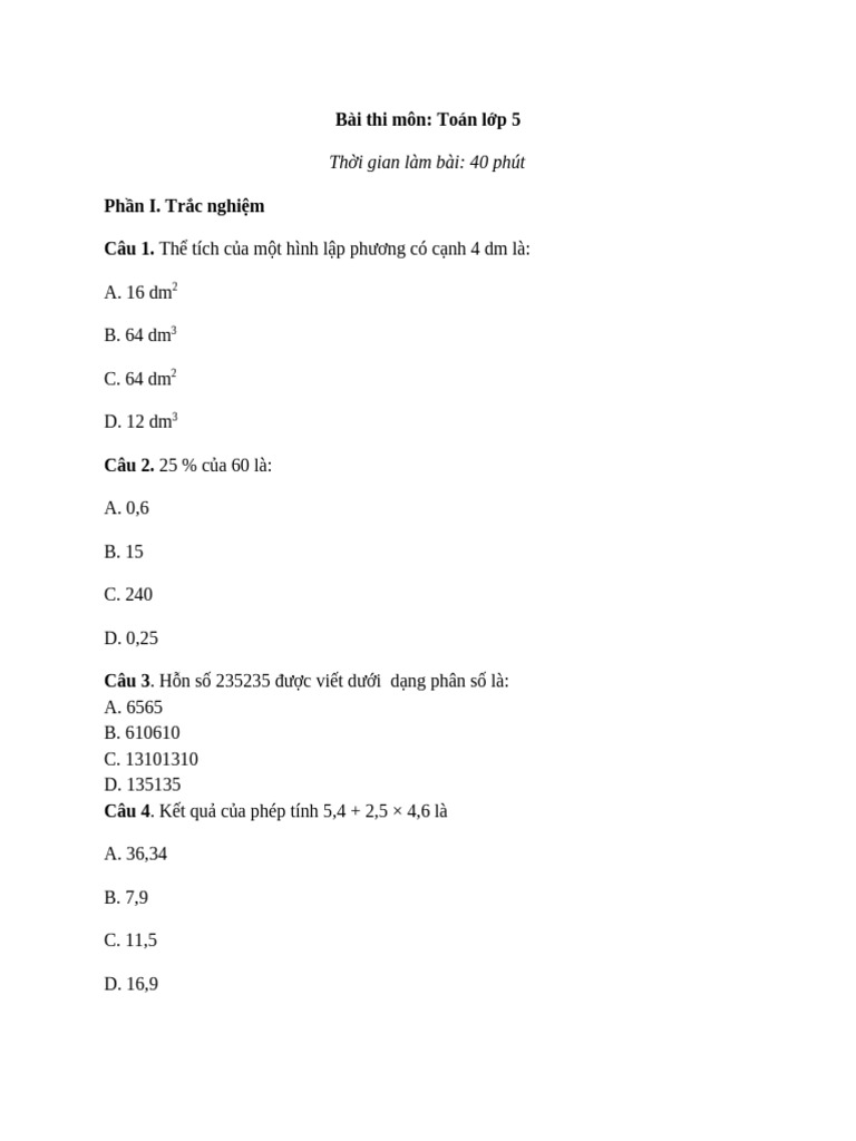 Bài thi môn toán 5 hk2 | PDF