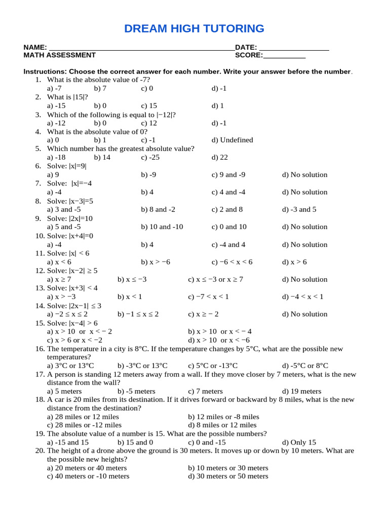 Assessment For Absolute Value | PDF