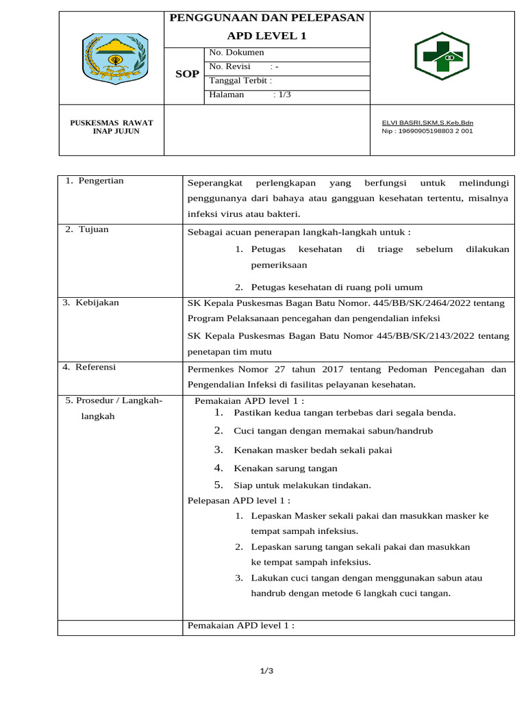 5.5.3.a.PENGGUNAAN DAN PELEPASAN APD LEVEL 1 | PDF