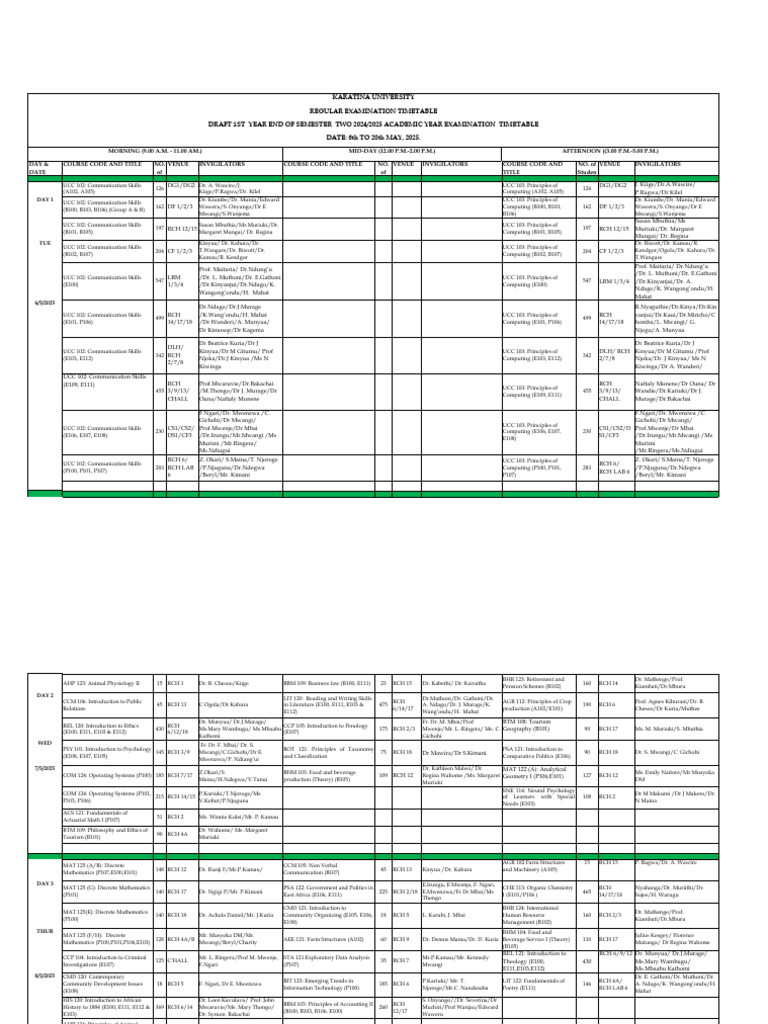 Draft Exam Timetable For 1st Year Sem II 2024-2025 Ay | PDF | Science