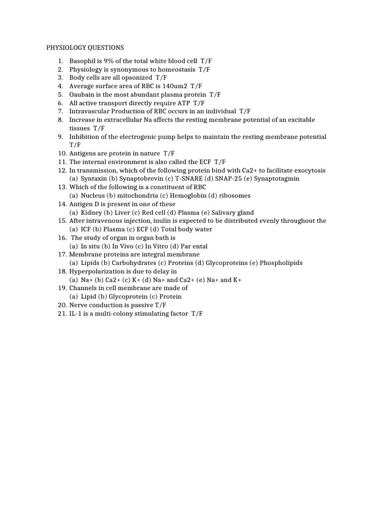 Physiology Questions | PDF