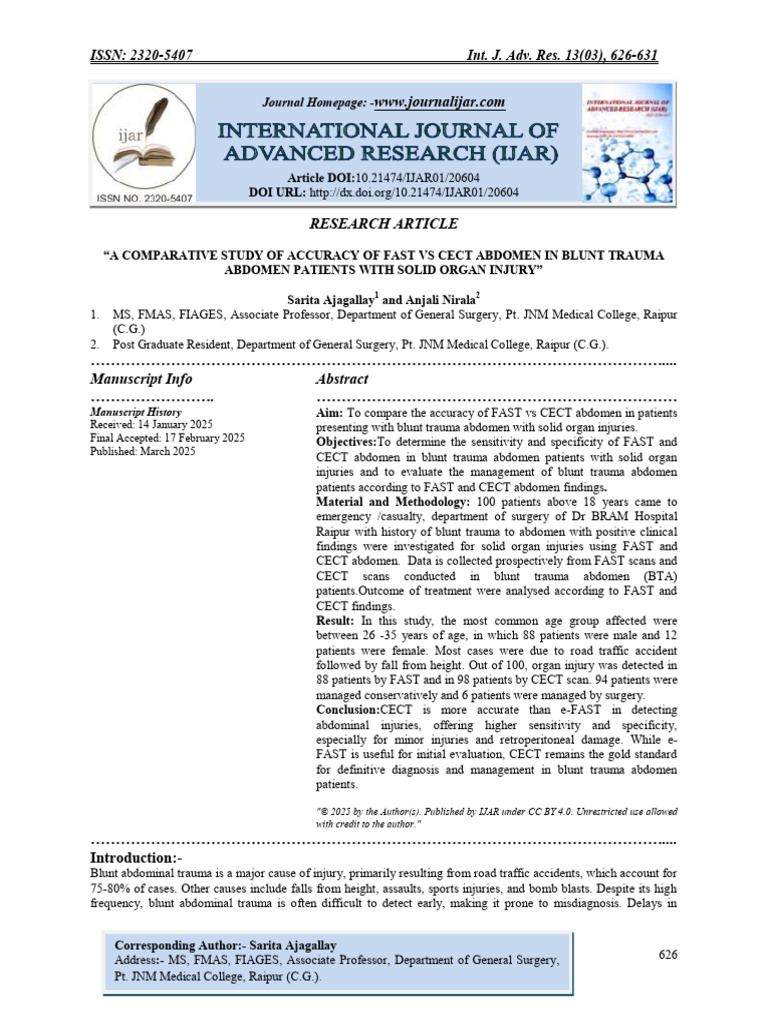 A Comparative Study of Accuracy of Fast VS Cect Abdomen in Blunt Trauma ...