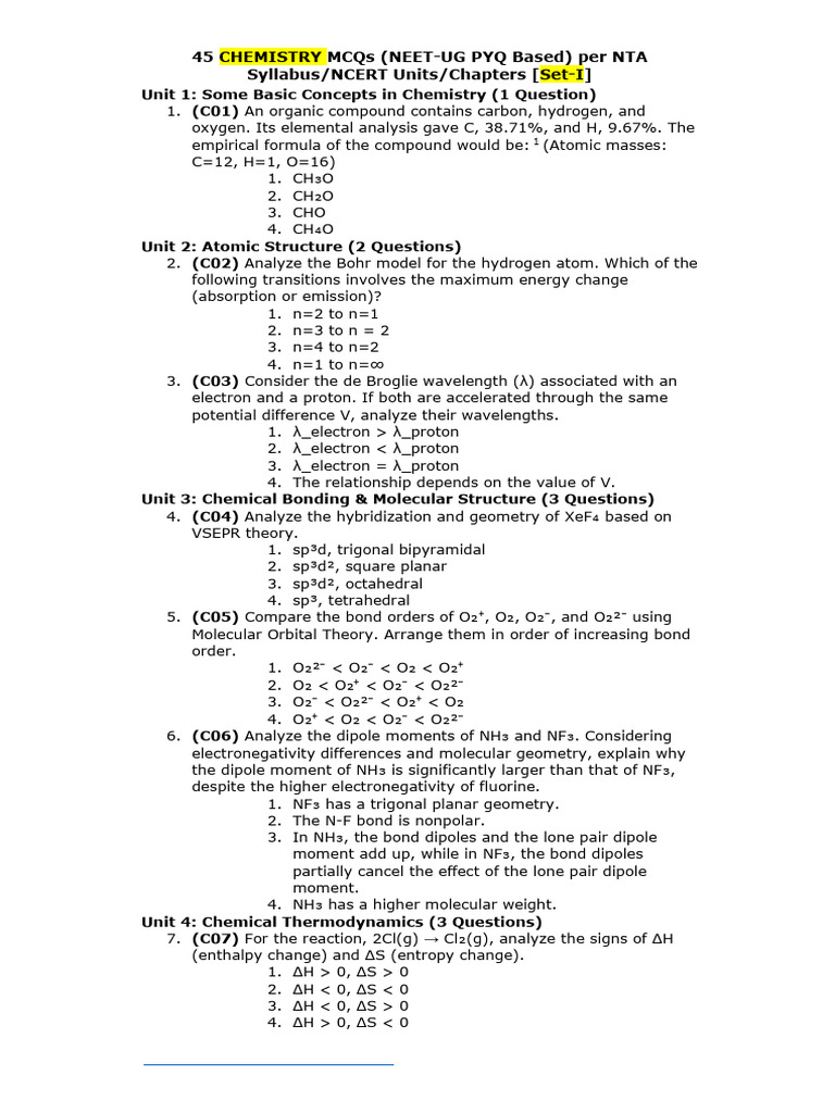 45 CHEMISTRY MCQs (PYQ Based) Per NTA Syllabus (NCERT Units-Chapters ...