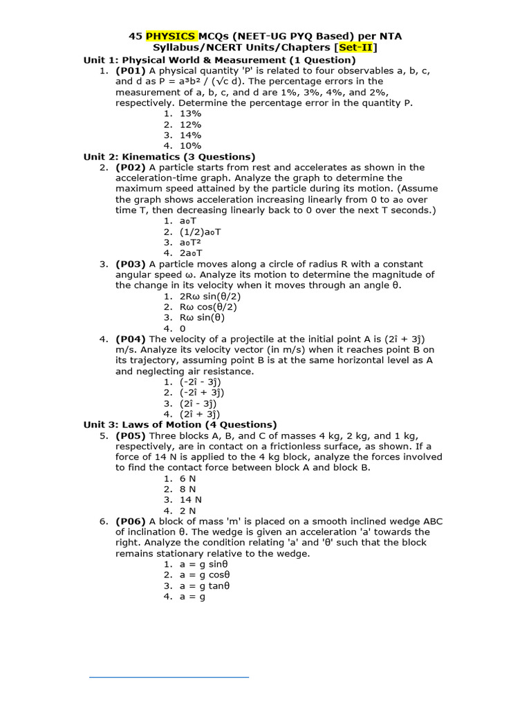 Set-II 45 PHYSICS MCQs (PYQ Based) Per NTA Syllabus (NCERT Units-Chapters - Balanced Distributi ...