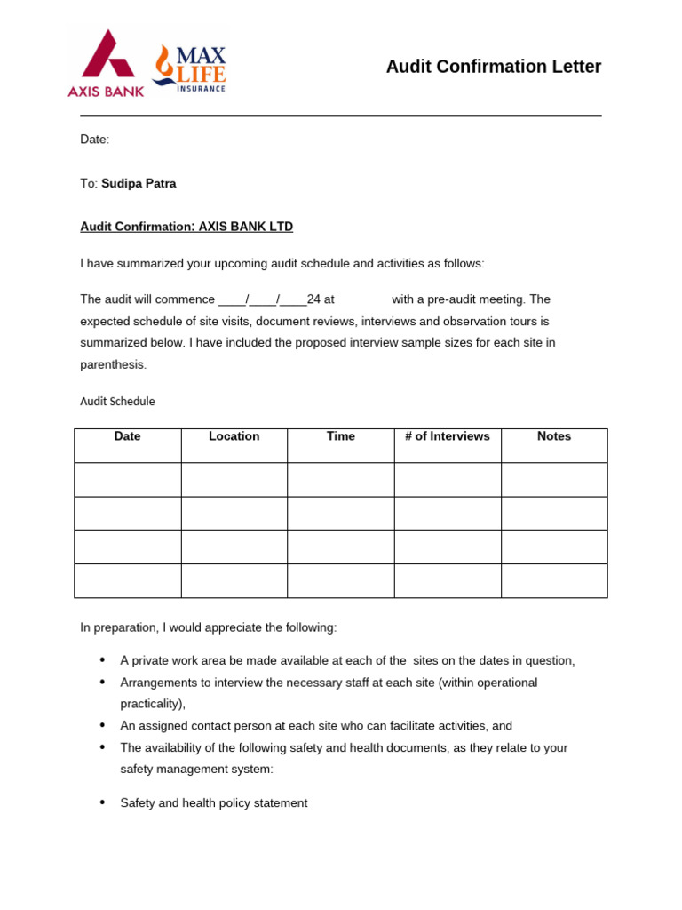 Audit Confirmation Letter | PDF | Occupational Safety And Health | Risk