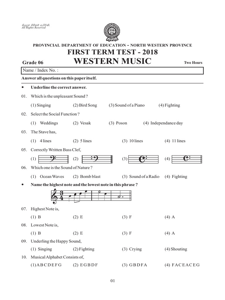 Grade 6 Western Music Test 2018 | PDF | Clef | Notation