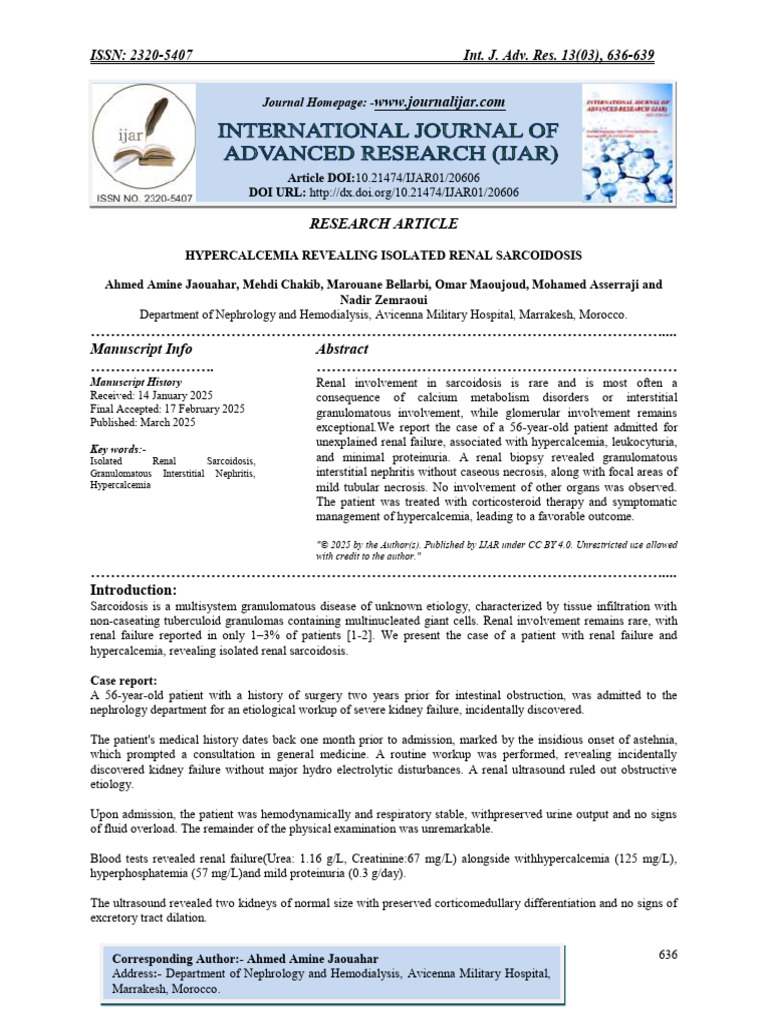 Hypercalcemia Revealing Isolated Renal Sarcoidosis | PDF | Kidney ...