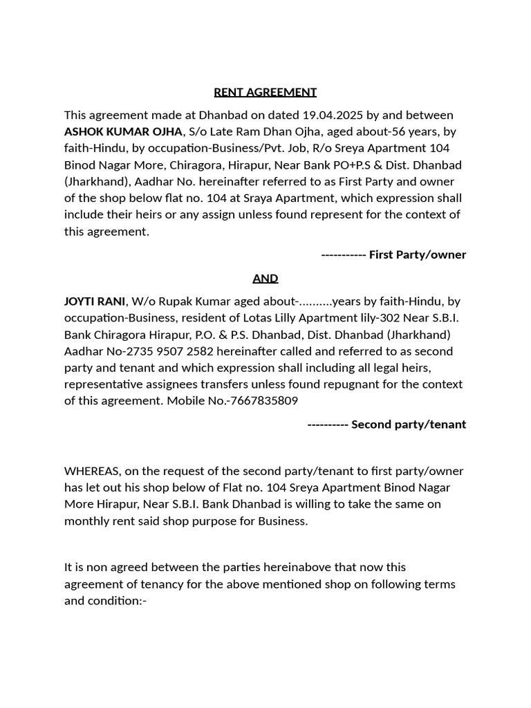RENT AGREEMENT Between Ashok Kumar Ojha and Jyoti Rani | PDF | Leasehold Estate | Housing