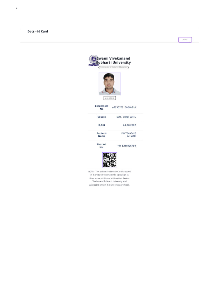 Docs - ID Card - Swami Vivekanand Subharti University | PDF