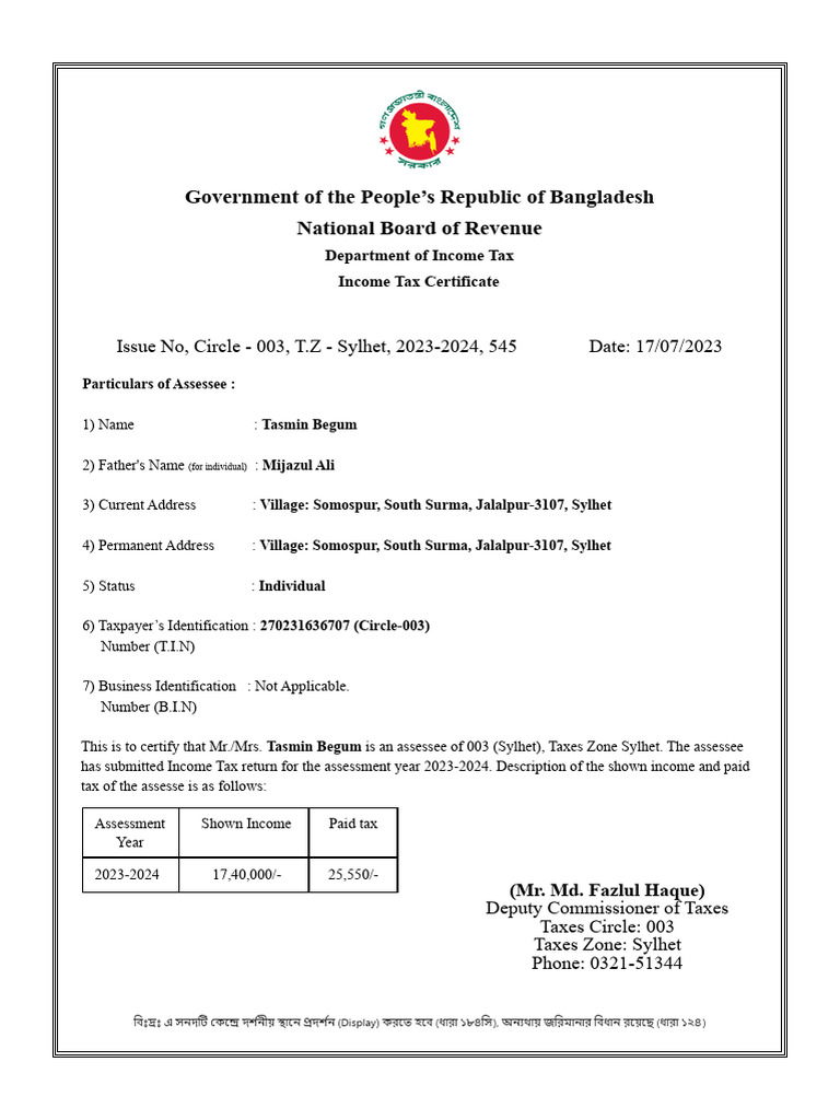 Income Tax Certificate for Tasmin Begum | PDF