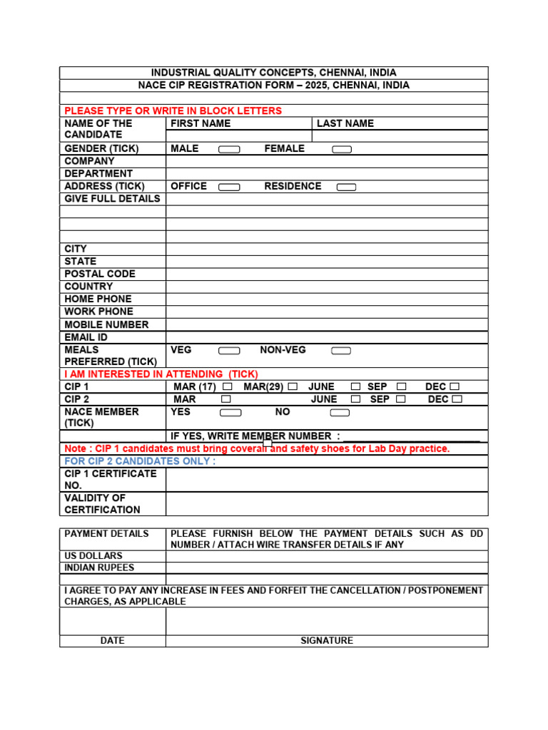 CIP Registration Form 2025, Chennai | PDF