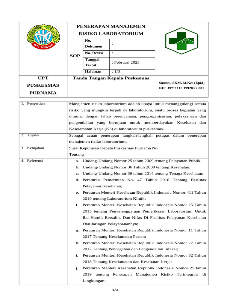 21.i. SOP PENERAPAN MANAJEMEN RISIKO LABORATORIUM | PDF