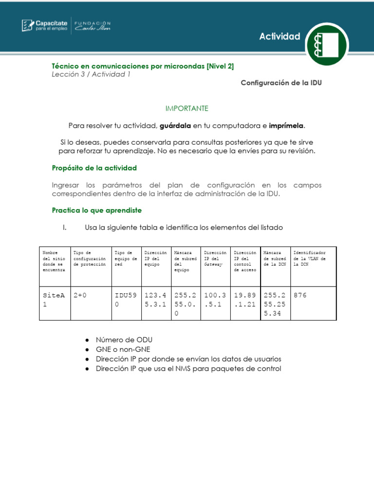 Configuración de La IDU | PDF | Dirección IP | Protocolos de capa de red