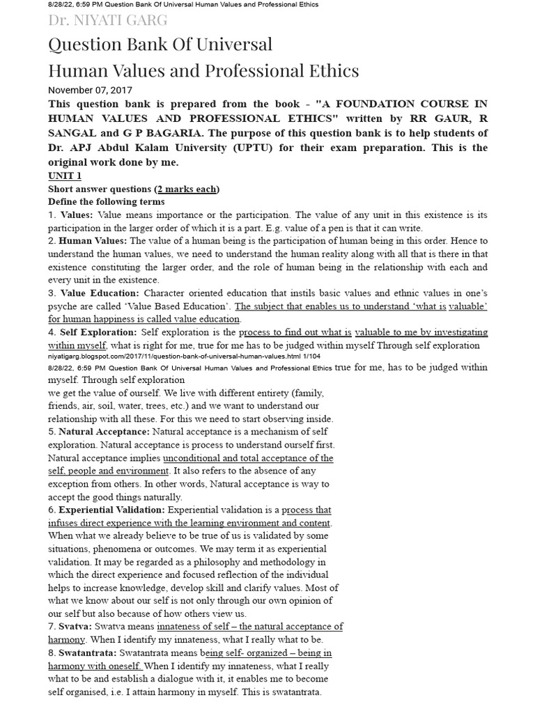 Question Bank Of UHV 5 units | PDF | Happiness | Contentment