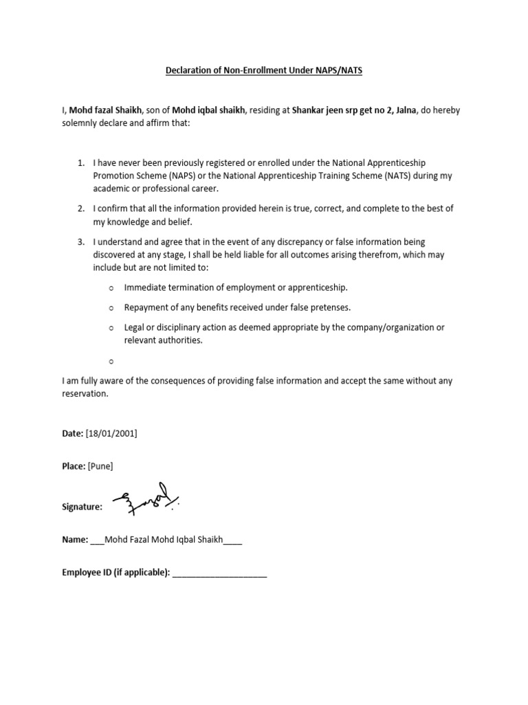 Declaration of Non-Enrollment Under NAPS-NATS | PDF