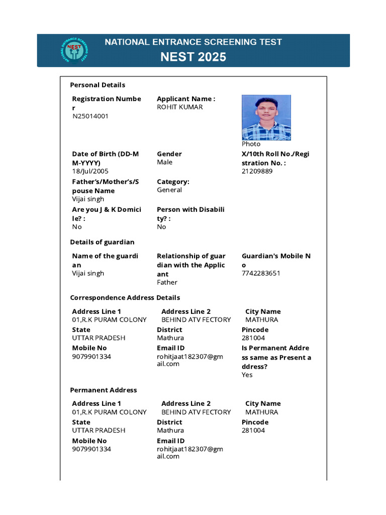 NEST Application Form 2025 | PDF