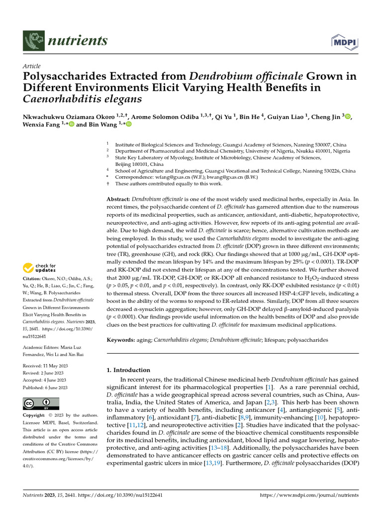 Article Polysaccharides Extracted From Dendrobium Officinale Grown in Different Environments ...