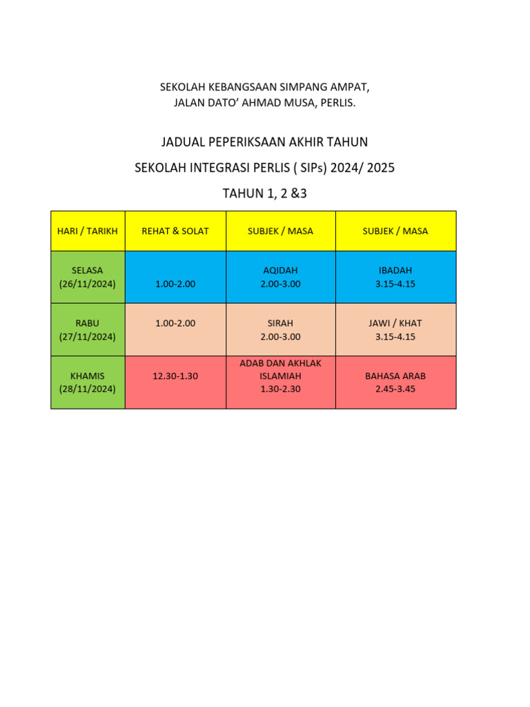 Jadual Peperiksaan Sips 2024 - Cikgu Mahani | PDF
