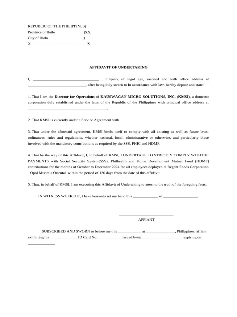 Affidavit of Undertaking for KMSI Compliance | PDF