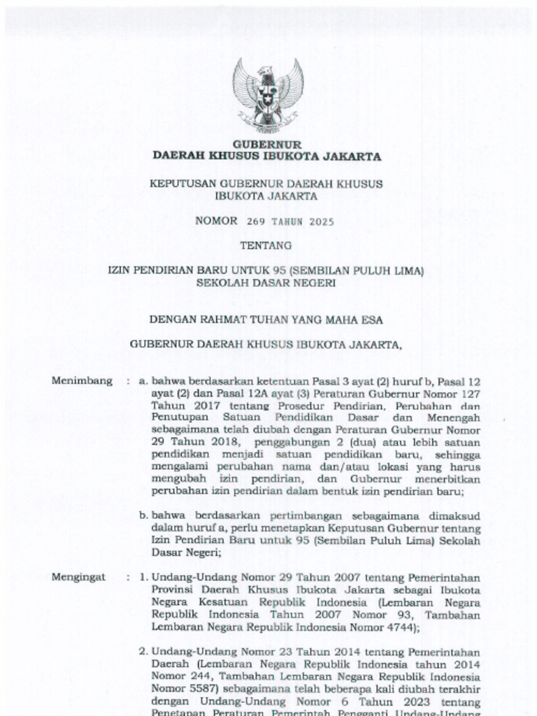 Kepgub Nomor 269 Tahun 2025 Tentang Izin Pendirian Baru Untuk 95 SDN | PDF