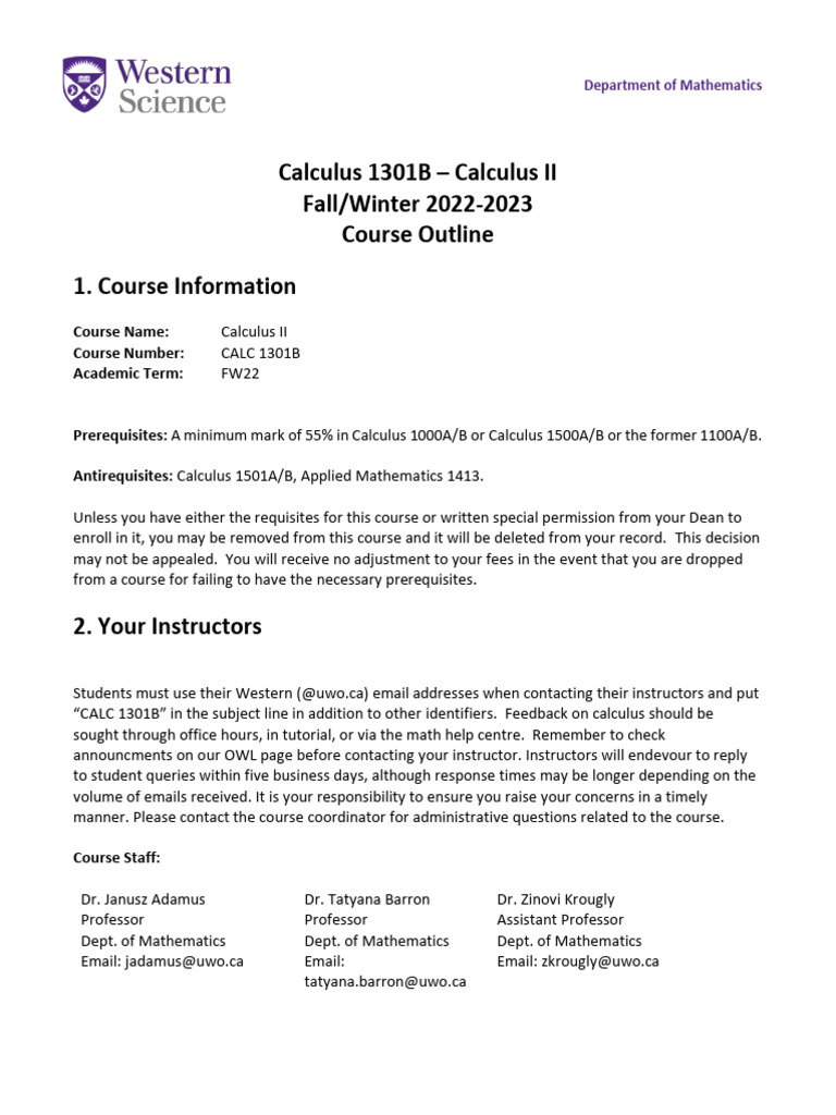 Calculus II Course Outline FW22-23 | PDF | Integral