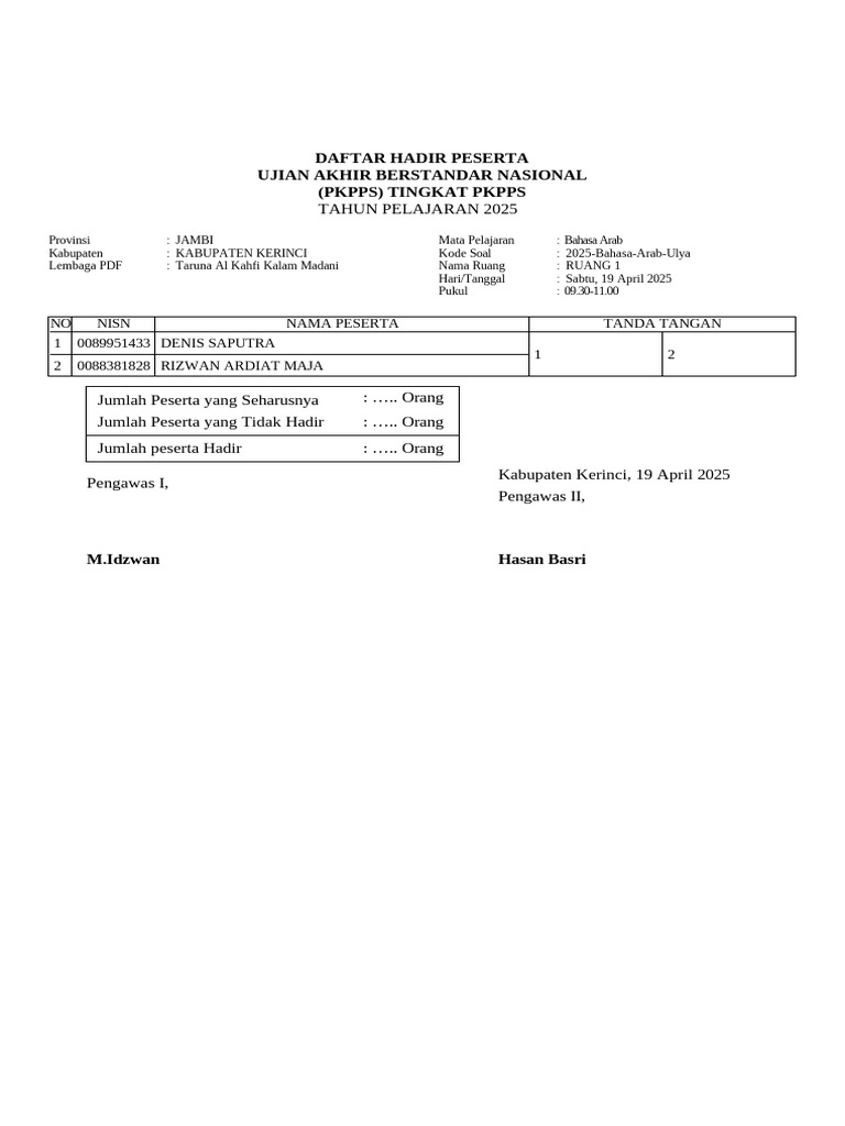 absensi b arab ulya | PDF