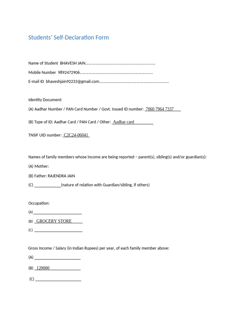Bhavesh Jain Declaration Form | PDF