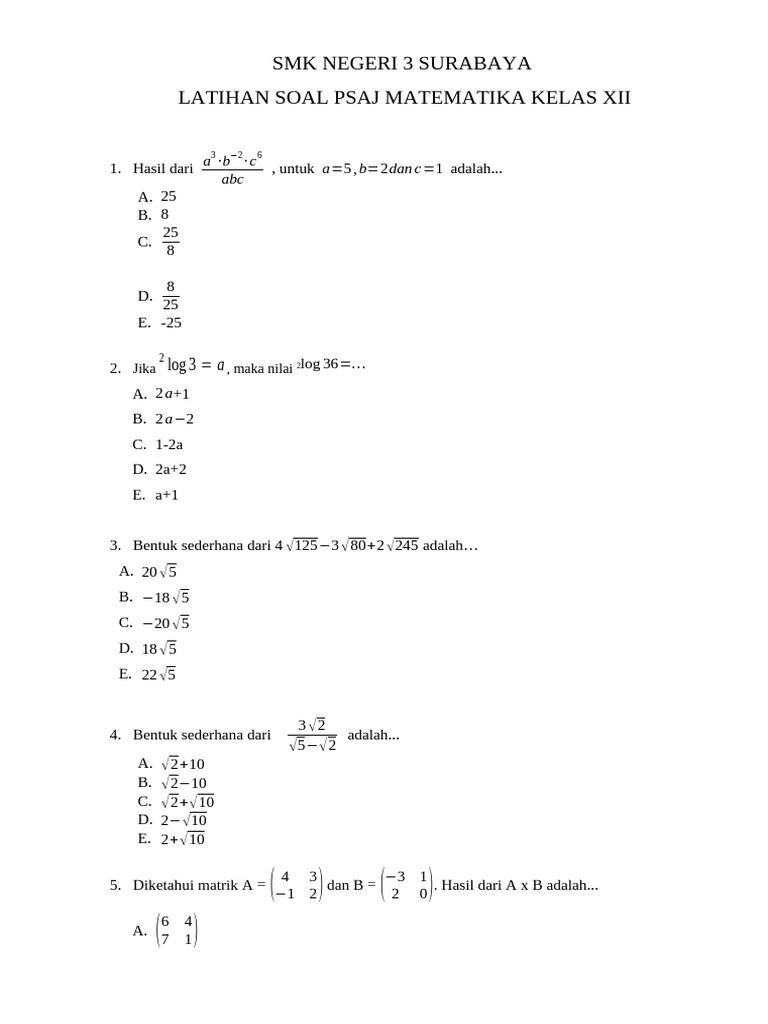 Soal Latihan Matematika PSAJ 2025 | PDF