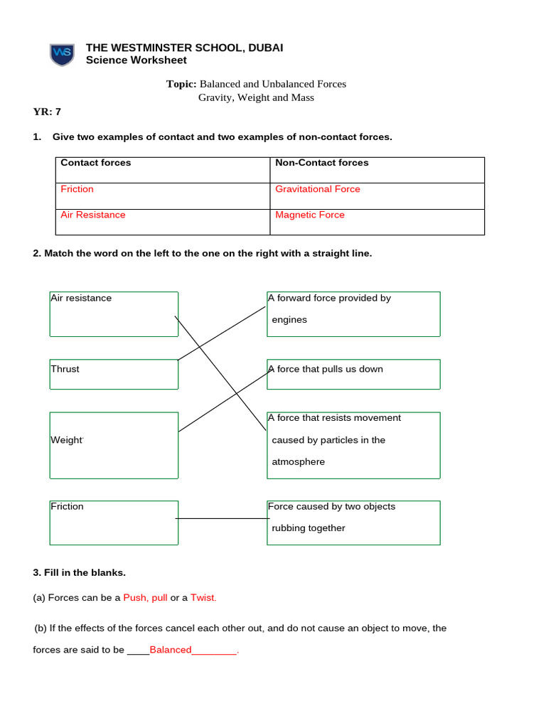 Balanced vs Unbalanced Forces Worksheet | PDF | Force | Weight