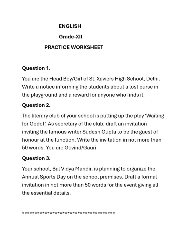 English Worksheet XII | PDF