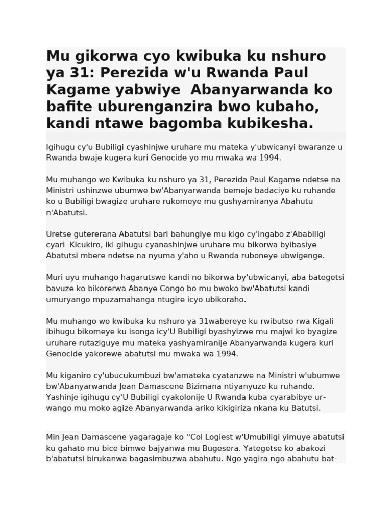 Kwibuka Genocide Yakorewe Abatutsi 1994 | PDF | Burundi | Bantu