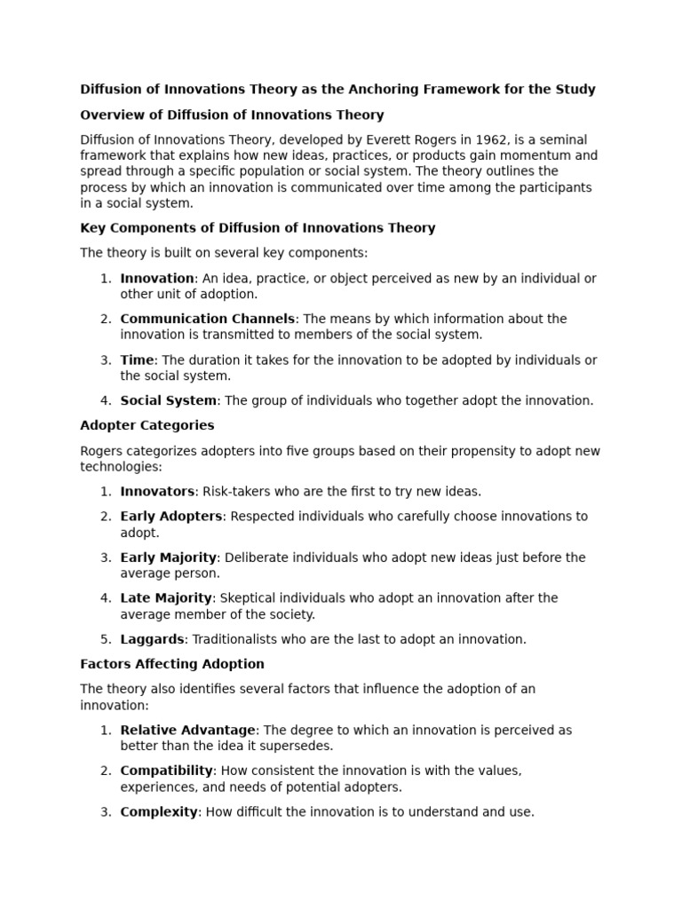 Diffusion of Innovations Theory As The Anchoring Framework For The ...