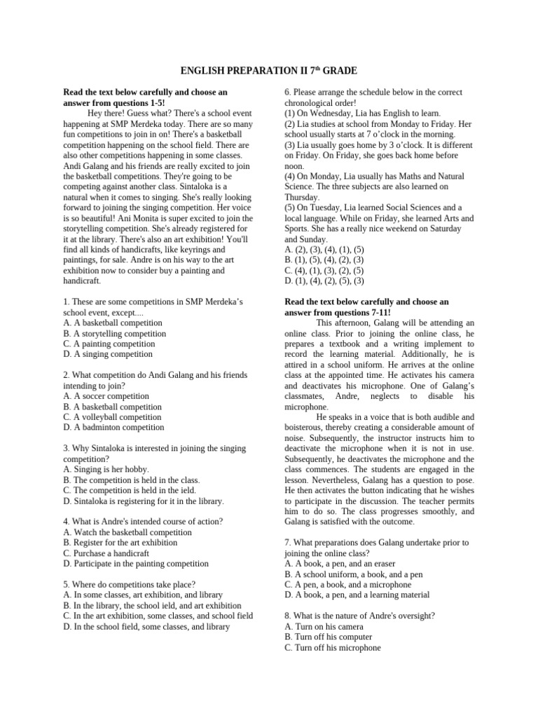 ENGLISH PREPARATIONS TEST II 7th GRADE PRINT | PDF