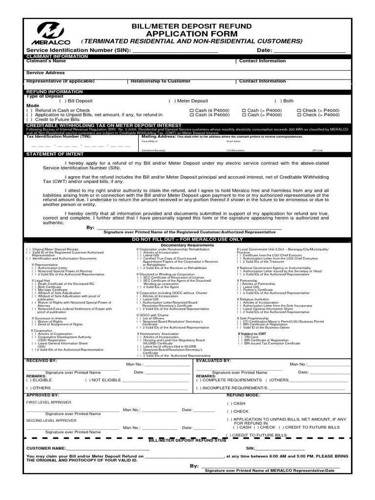 Meralco Bill Deposit Refund Application | PDF | Business | Private Law