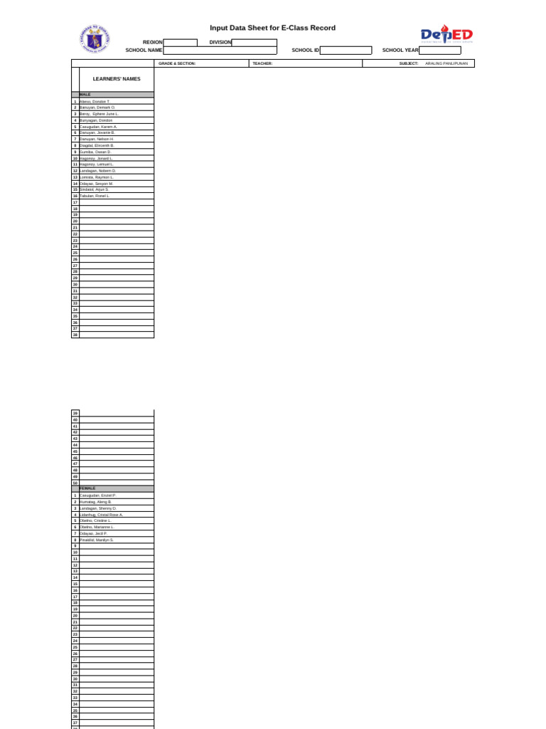 E - Class Record Mapeh 9 2024-2025 First Quarter | PDF