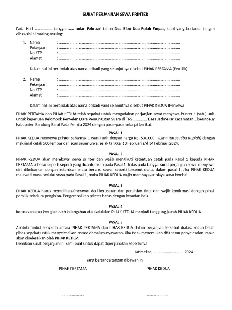 Perjanjian Sewa Printer Pemilu 2024 | PDF