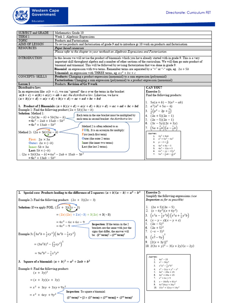 Mathematics Grade 10 Term 1 Week 1 - 2021 | PDF | Factorization | Algebra