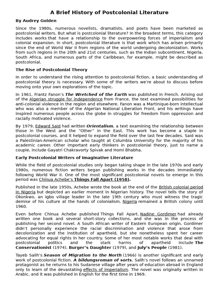 Postcolonial Literature Overview | PDF | Postcolonialism | Colonialism