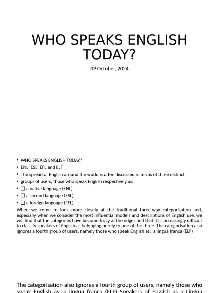 Global English Speakers: ENL, ESL, EFL, ELF | PDF
