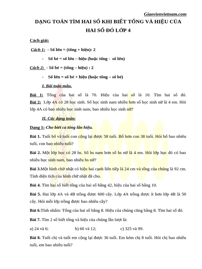 Bai Tap Toan Lop 4 Dang Toan Tim Hai So Khi Biet Tong Va Hieu Cua Hai So Do | PDF
