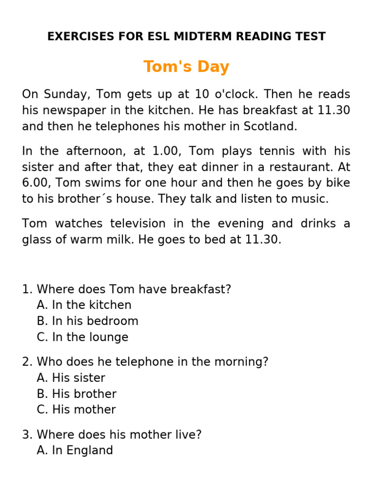 Exercises For Esl Midterm Reading Test | PDF
