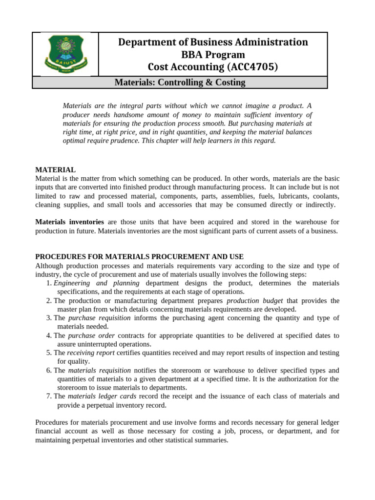 3 Materials Controlling and Costing | PDF | Inventory | Cost Of Goods Sold