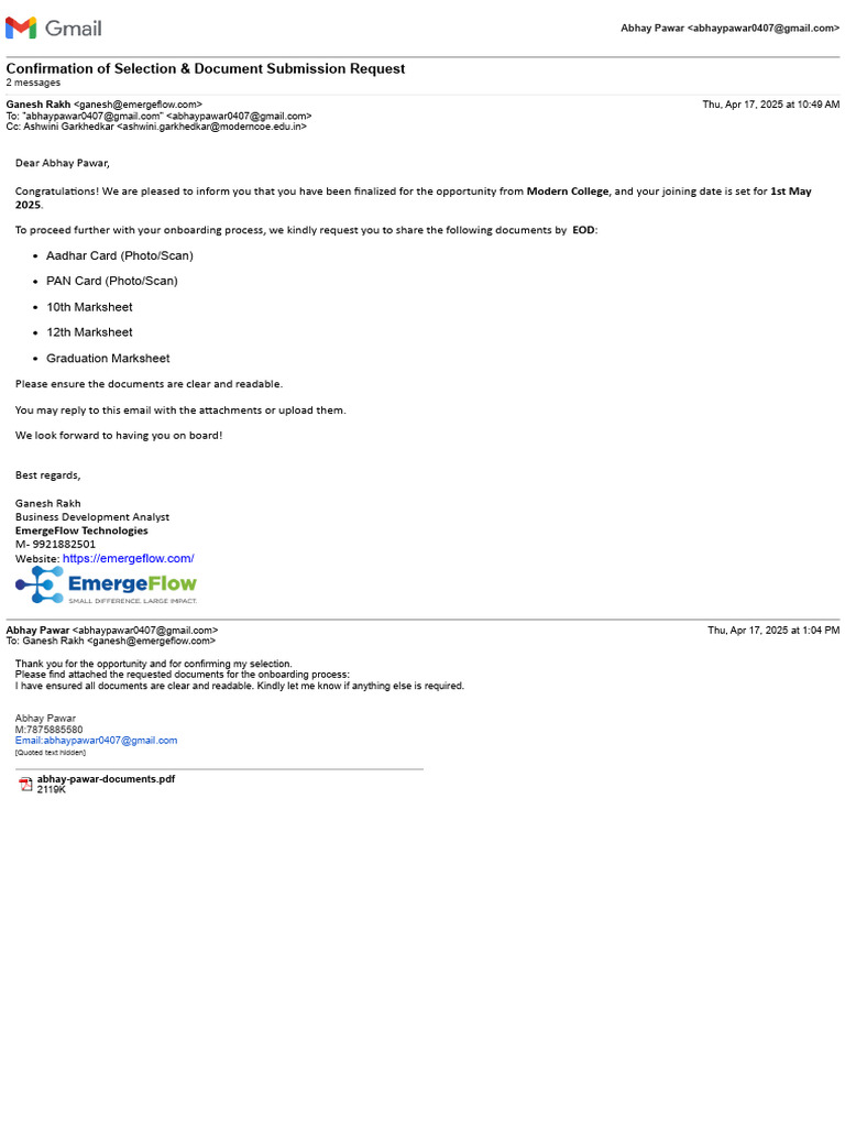 Gmail - Confirmation of Selection & Document Submission Request | PDF