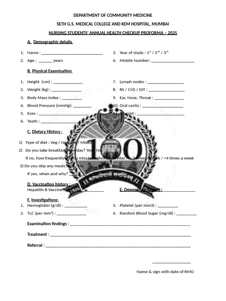 Nursing Students Checkup Proforma - 2025 | PDF
