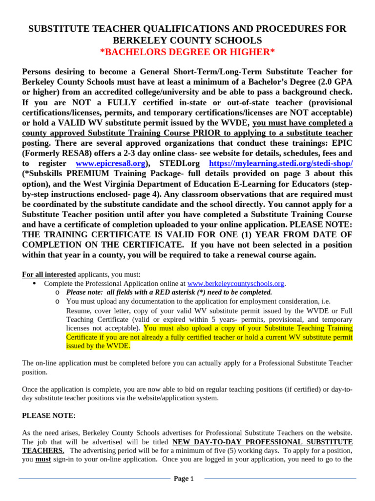 Substitute Teacher Info Bachelors Degree | PDF | Teachers | Educational ...